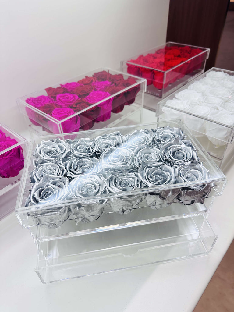 FIFTEEN PRESERVED ROSES IN ACRYLIC BOX WITH DRAWER– RSVP By Anastasia