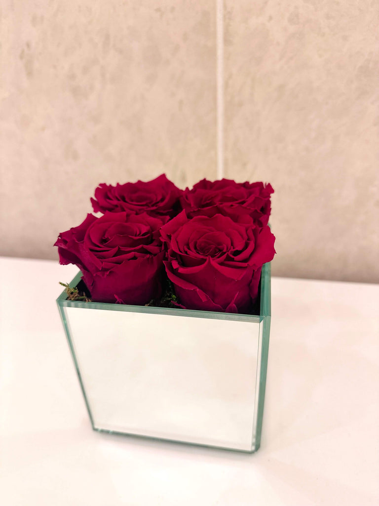 FOUR PRESERVED ROSES IN CUBE VASE– RSVP By Anastasia