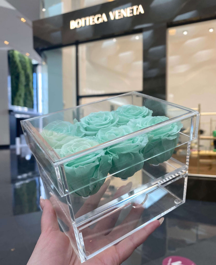 SIX PRESERVED ROSES IN ACRYLIC BOX WITH DRAWER– RSVP By Anastasia