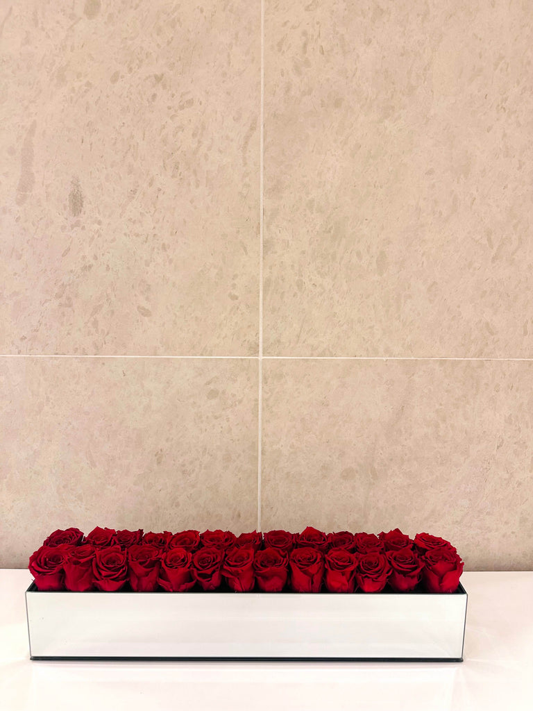 TWENTY FOUR PRESERVED ROSES IN RECTANGULAR MIRRORED VASE– RSVP By Anastasia