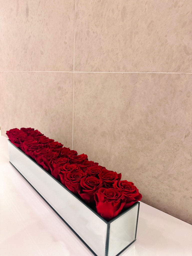TWENTY FOUR PRESERVED ROSES IN RECTANGULAR MIRRORED VASE– RSVP By Anastasia